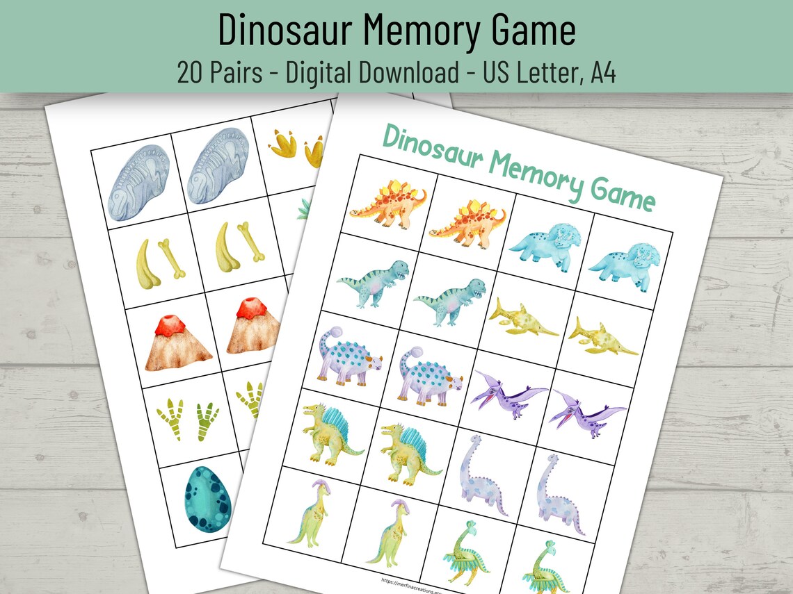 Dinosaur Memory Game for Kids, Dinosaur Printable Matching Game ...