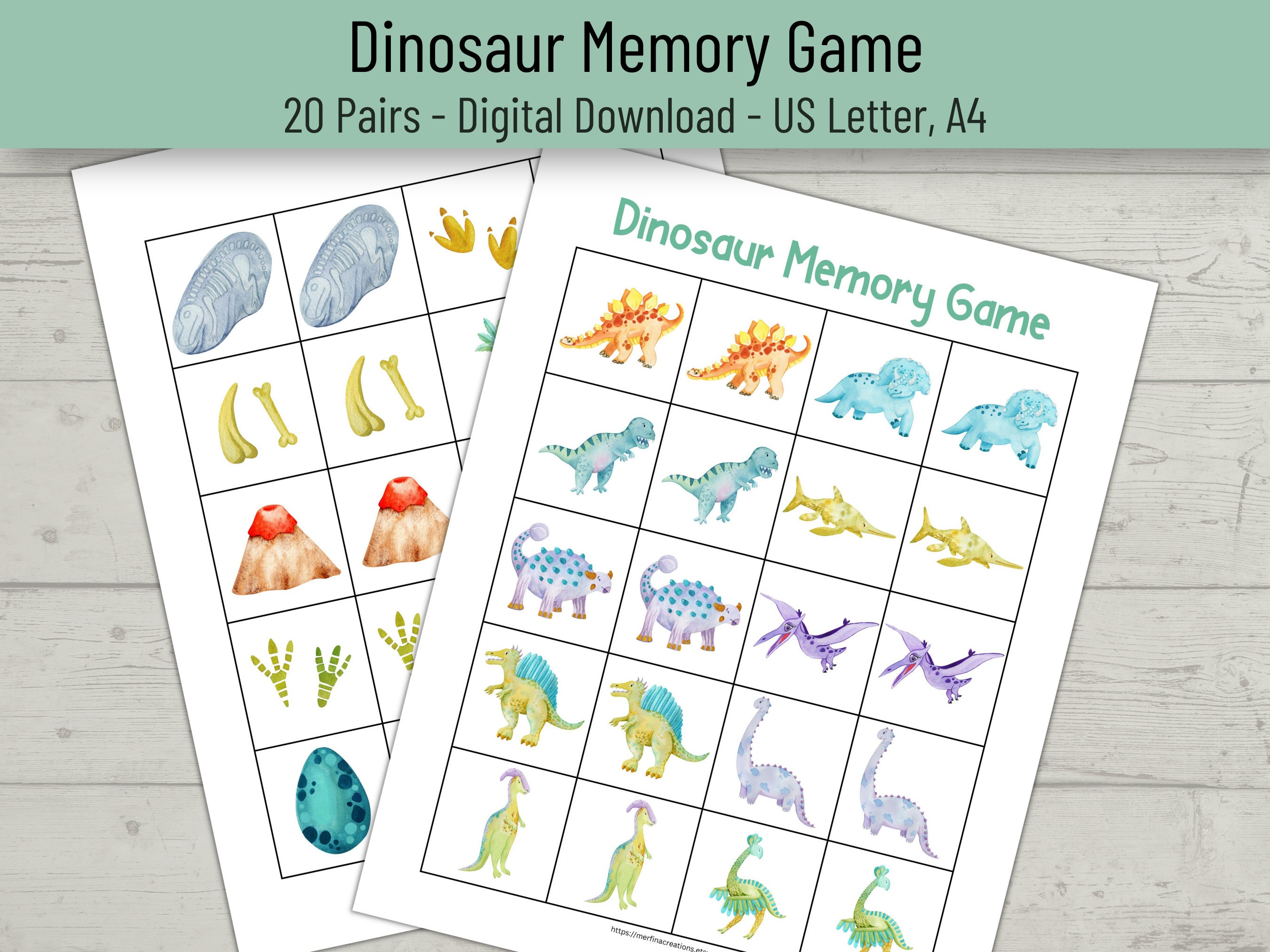 Dinosaur Memory Game for Kids, Dinosaur Printable Matching Game ...