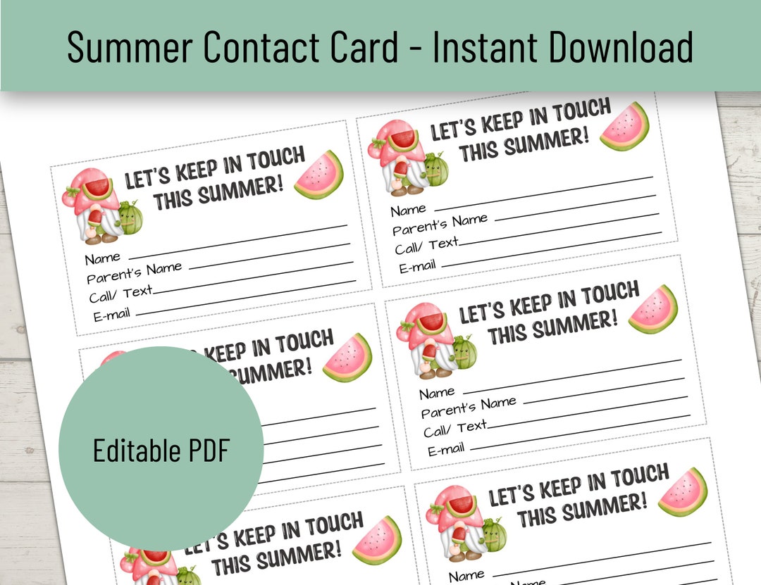 Editable Summer Contact Card, Printable Contact Card for Kids, Keep in ...