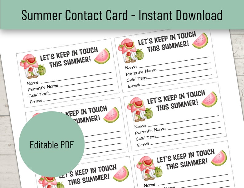 Editable Summer Contact Card, Printable Contact Card for Kids, Keep in ...
