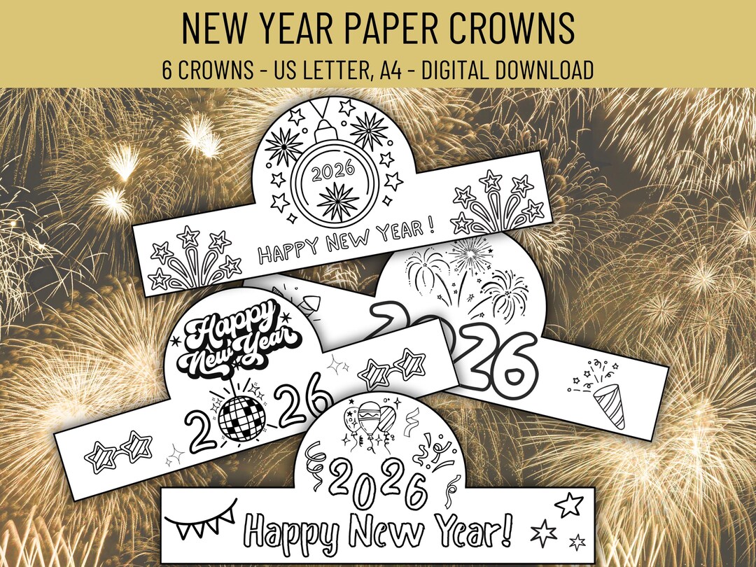 New Year Paper Crown Hats, New Year Party Coloring Craft, Coloring ...