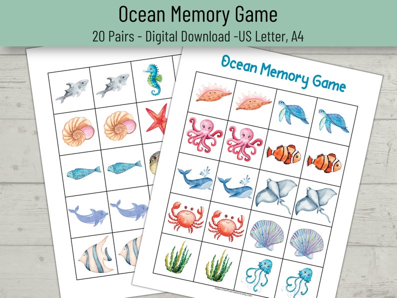 Ocean Matching Game for Kids, Ocean Printable Memory Game, Sea Matching ...