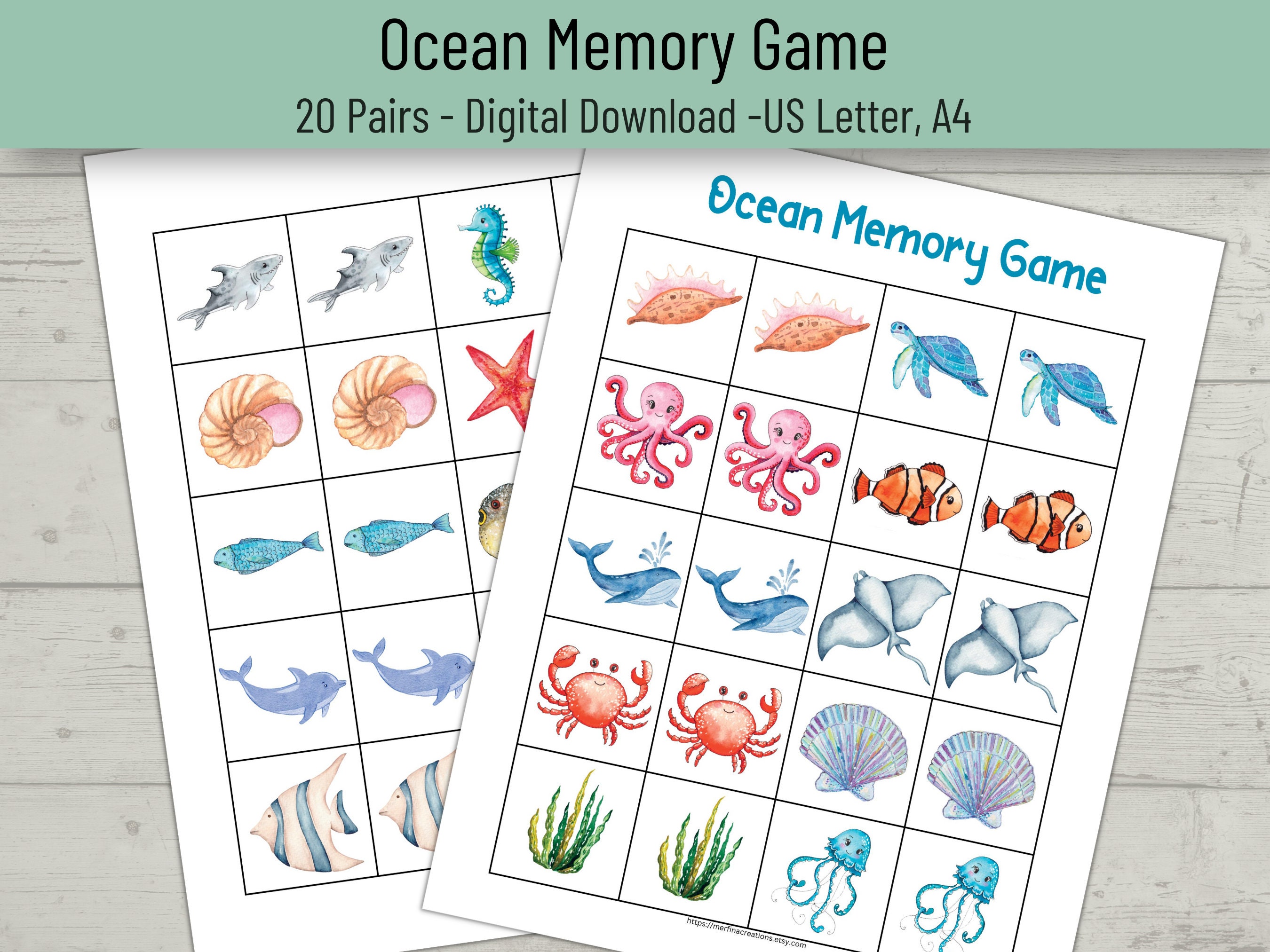 Ocean Matching Game for Kids, Ocean Printable Memory Game, Sea Matching ...