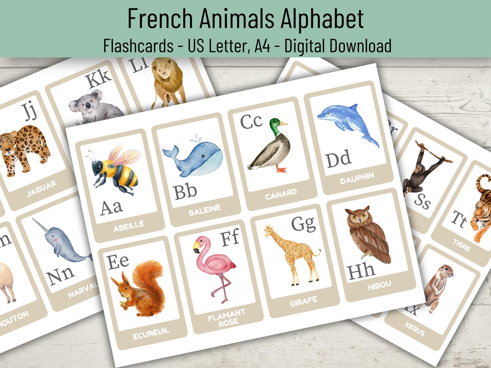 French Animal Alphabet Flashcards, French Alphabet Printable, French ...