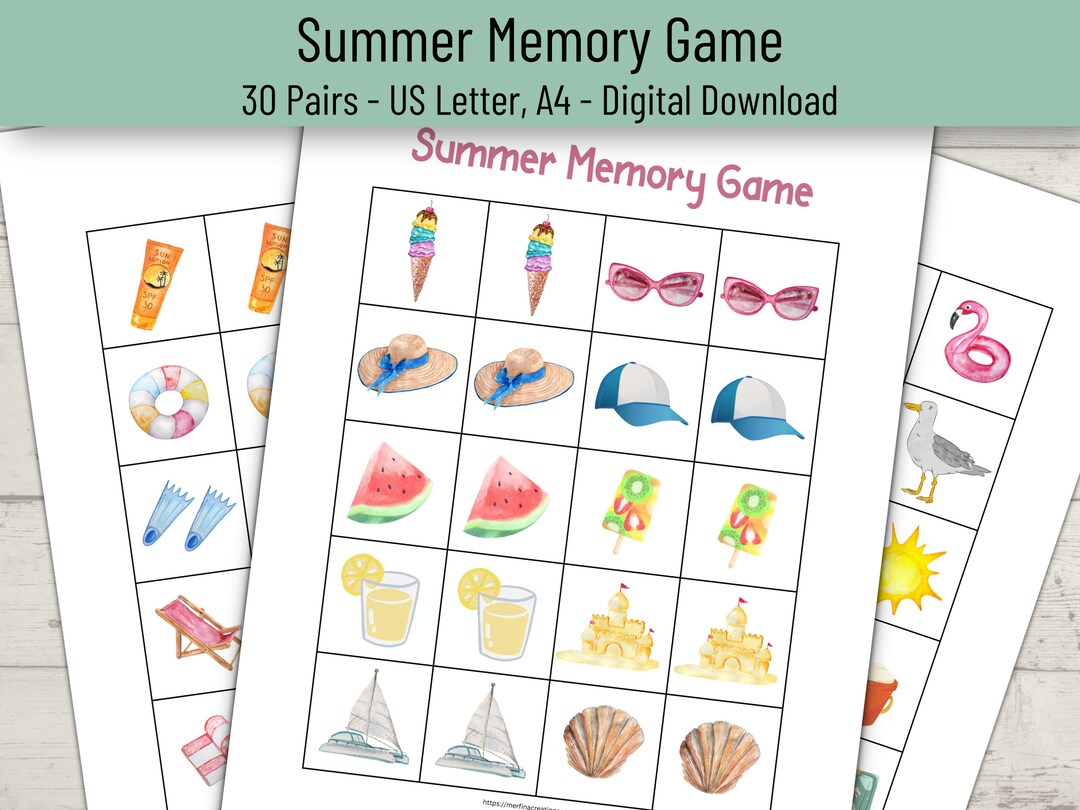Summer Matching Game for Kids, Summer Printable Memory Game, Seaside ...