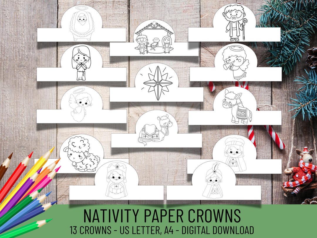 Christmas Paper Crown Hats, Nativity Paper Craft, Coloring Headband for ...