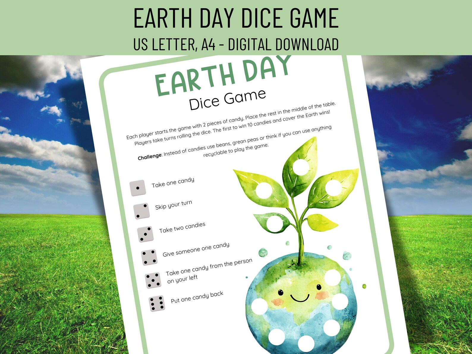 Earth Day Dice Game, Printable Earth Day Candy Dice Games, Earth Day ...