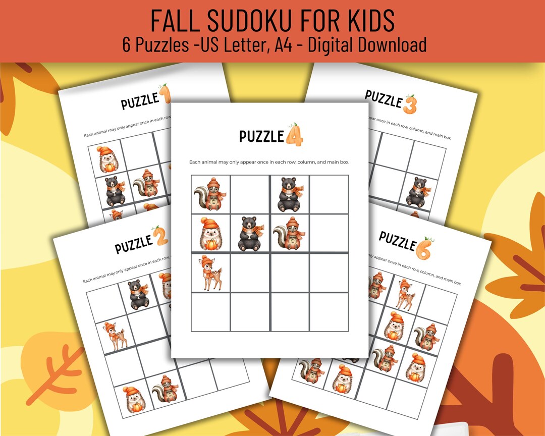 Fall Sudoku Game for Kids, Fall Animals Sudoku Puzzles, Easy Puzzles ...