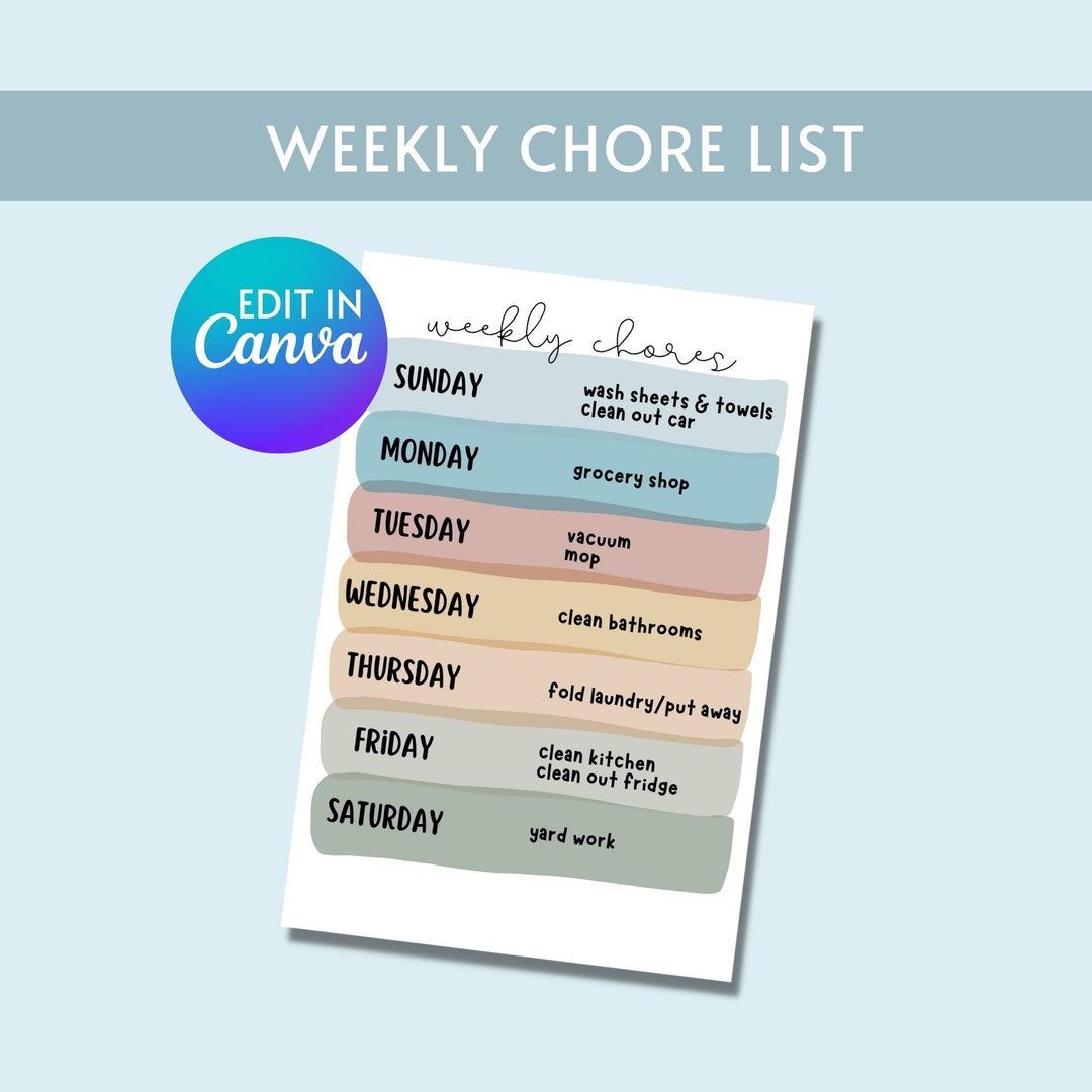 Weekly Chore List, Cleaning List, Chore Chart, Editable Chore List ...
