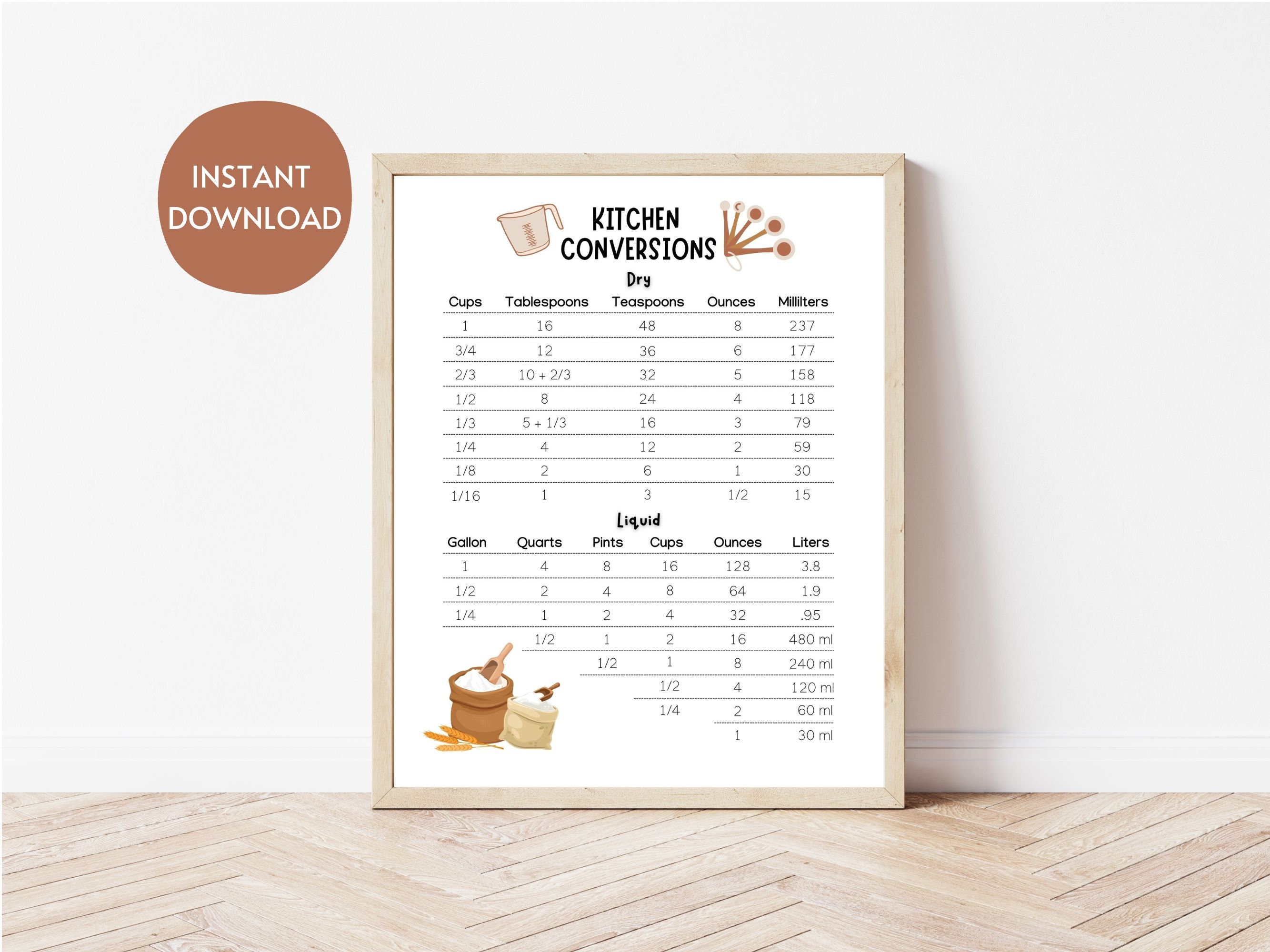 Kitchen Conversion Chart, Cooking Guide, Digital Download, Farmhouse ...