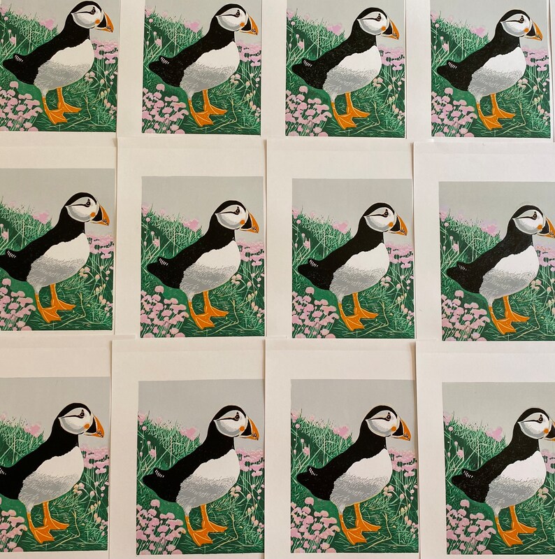Handmade Limited Edition Lino Print - Puffin and Sea Pinks - Etsy