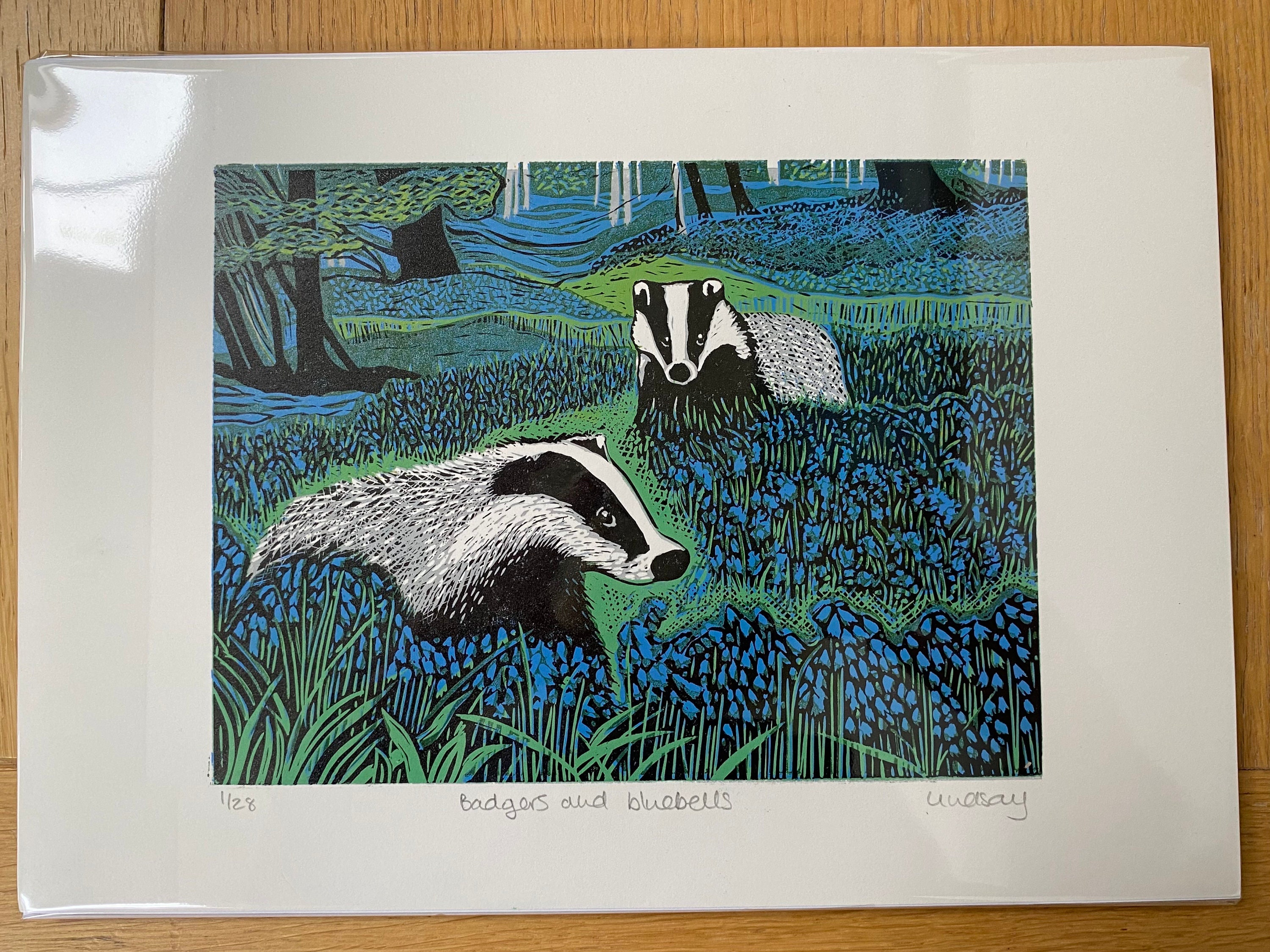 Handmade Limited Edition Lino Print Badgers and Bluebells - Etsy UK