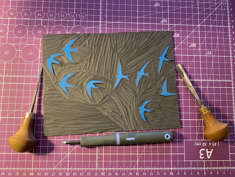 Handmade Lino Print - Blue Sky Day ( With Swifts) - Etsy
