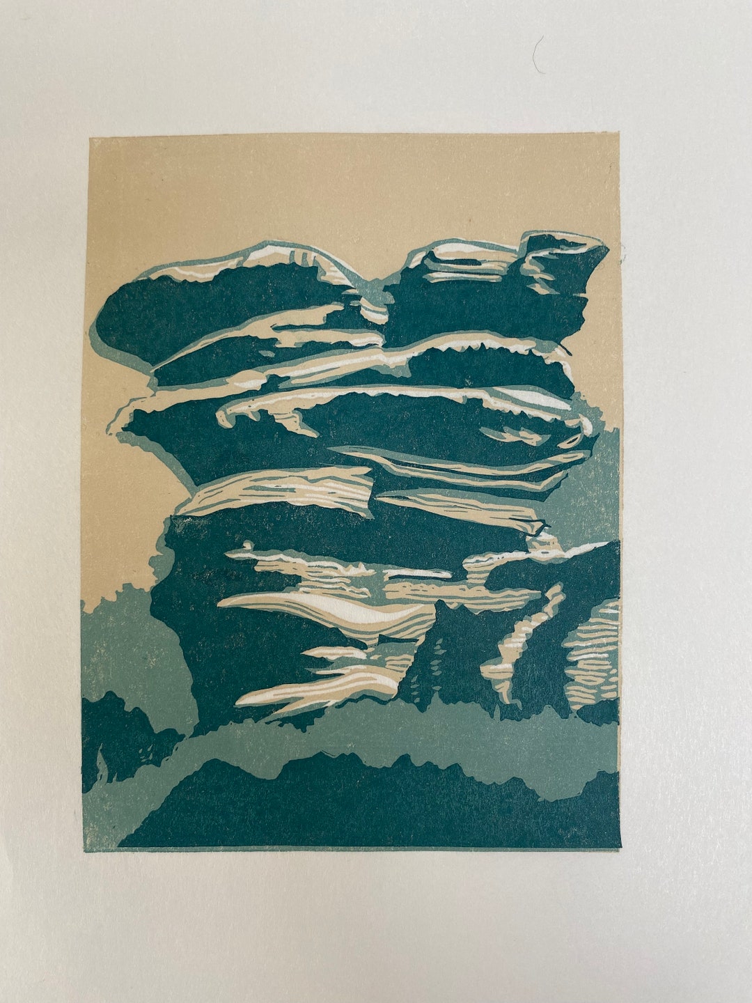 Handmade Lino Print Bird Rock, Brimham Rocks teal - Etsy
