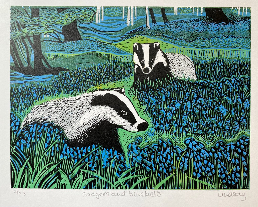 Handmade Limited Edition Lino Print Badgers and Bluebells - Etsy