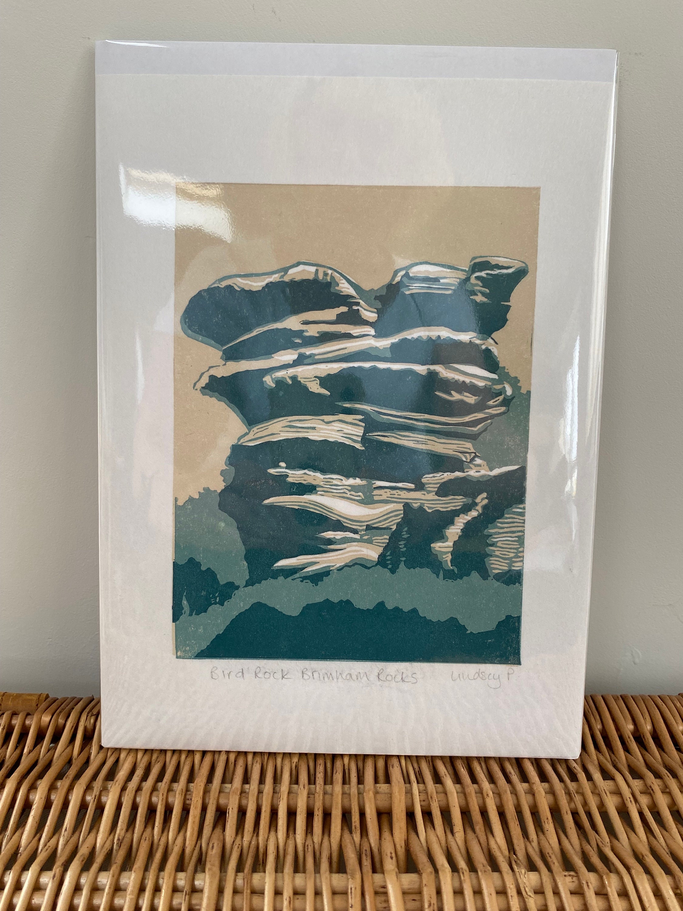 Handmade Lino Print Bird Rock, Brimham Rocks teal - Etsy
