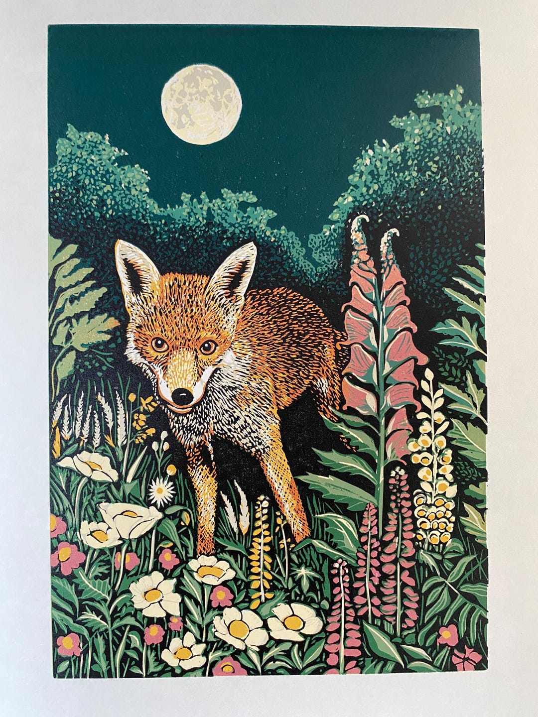 Handmade Limited Edition Fox Lino Print - Moonlight Mischief - Etsy