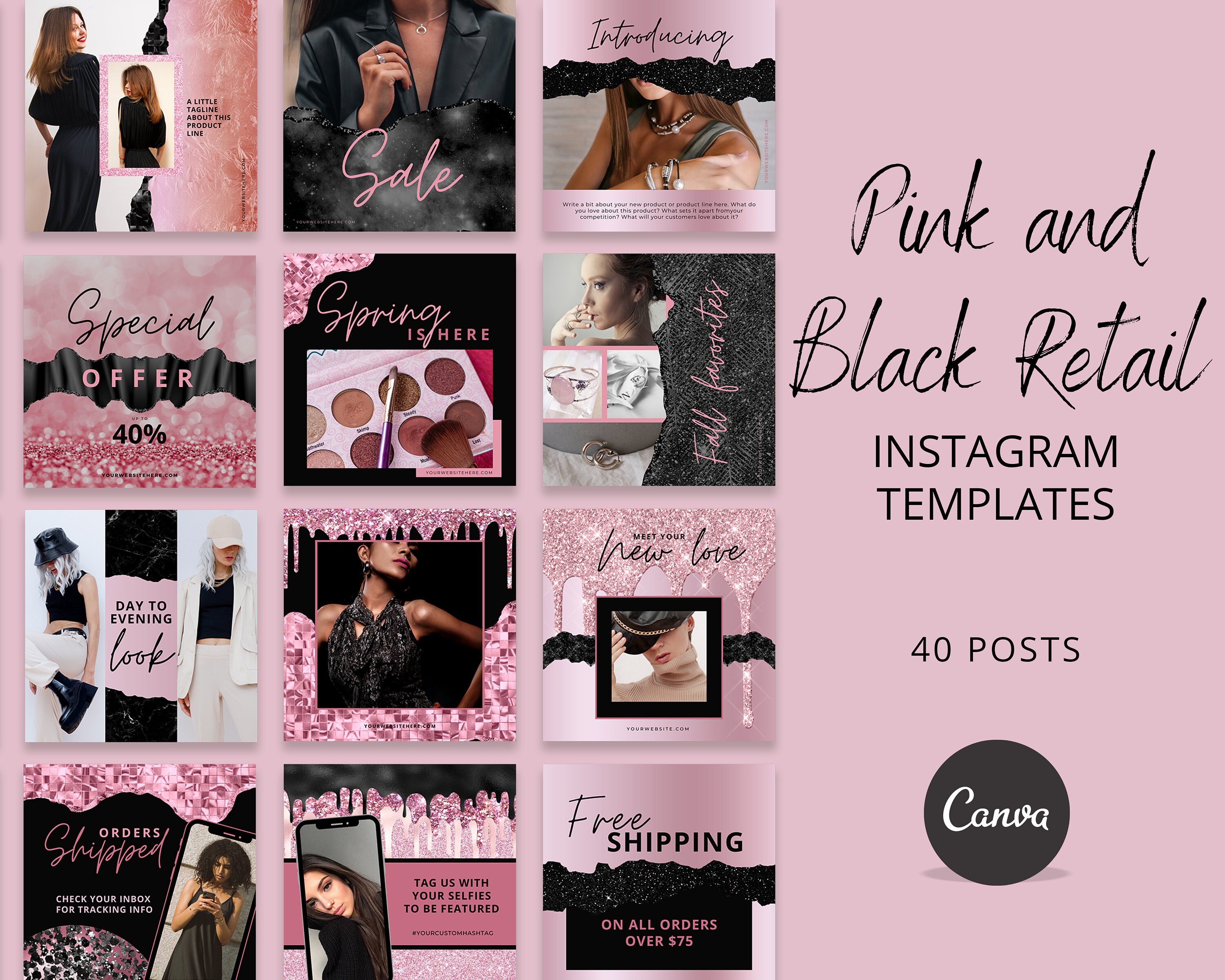 Pink Retail Instagram Templates, Pink Posts Glitter, IG Pink Black ...
