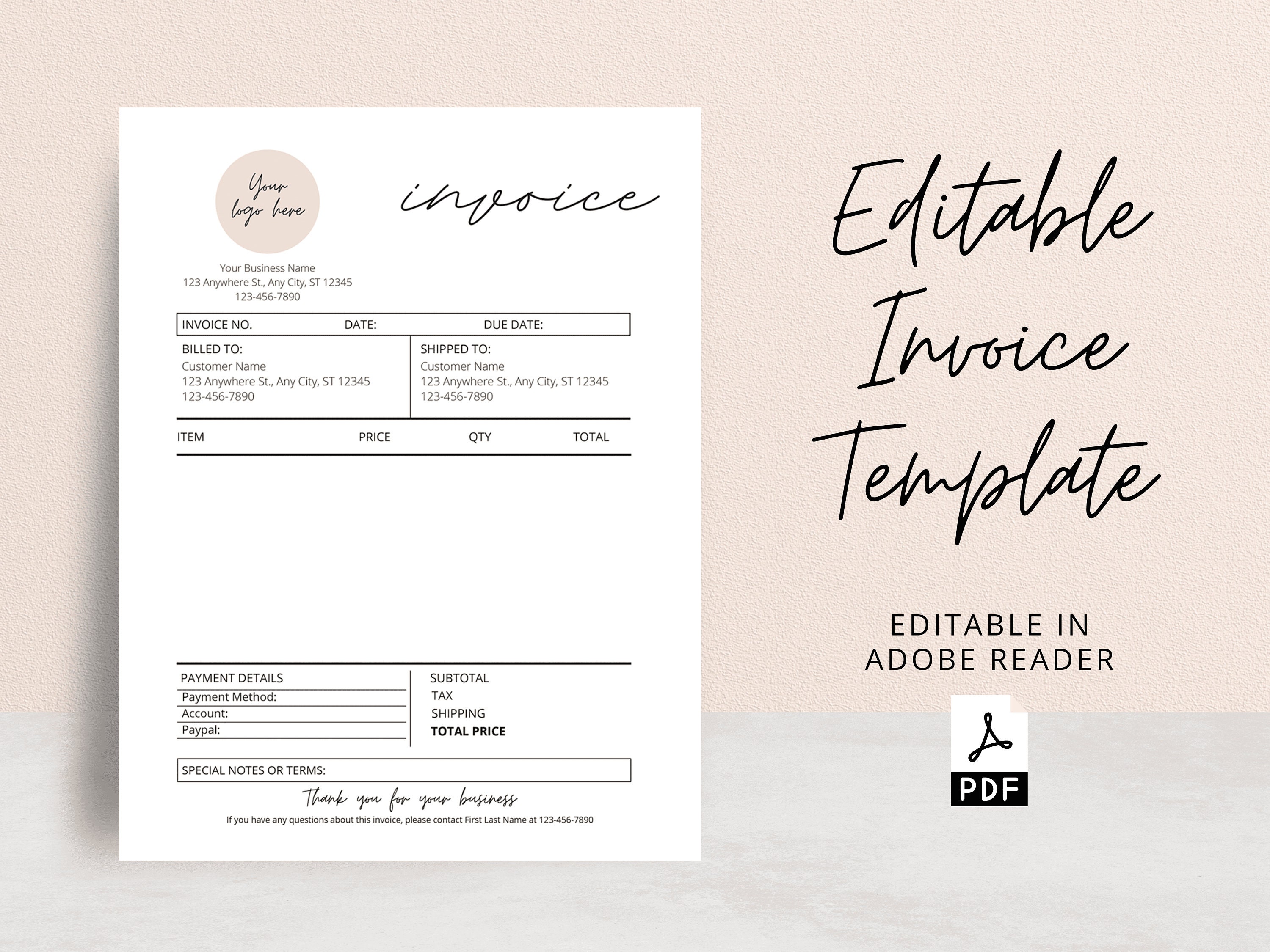 Editable Invoice Template Auto Calculating Modern Business - Etsy