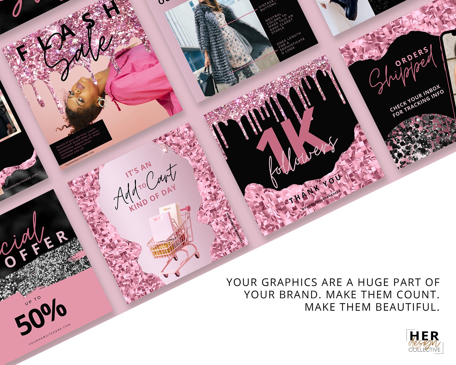 Pink Retail Instagram Templates, Pink Posts Glitter, IG Pink Black ...