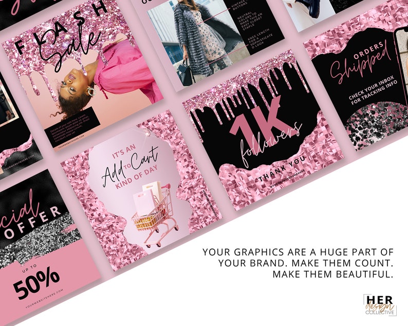 Pink Retail Instagram Templates, Pink Posts Glitter, IG Pink Black ...