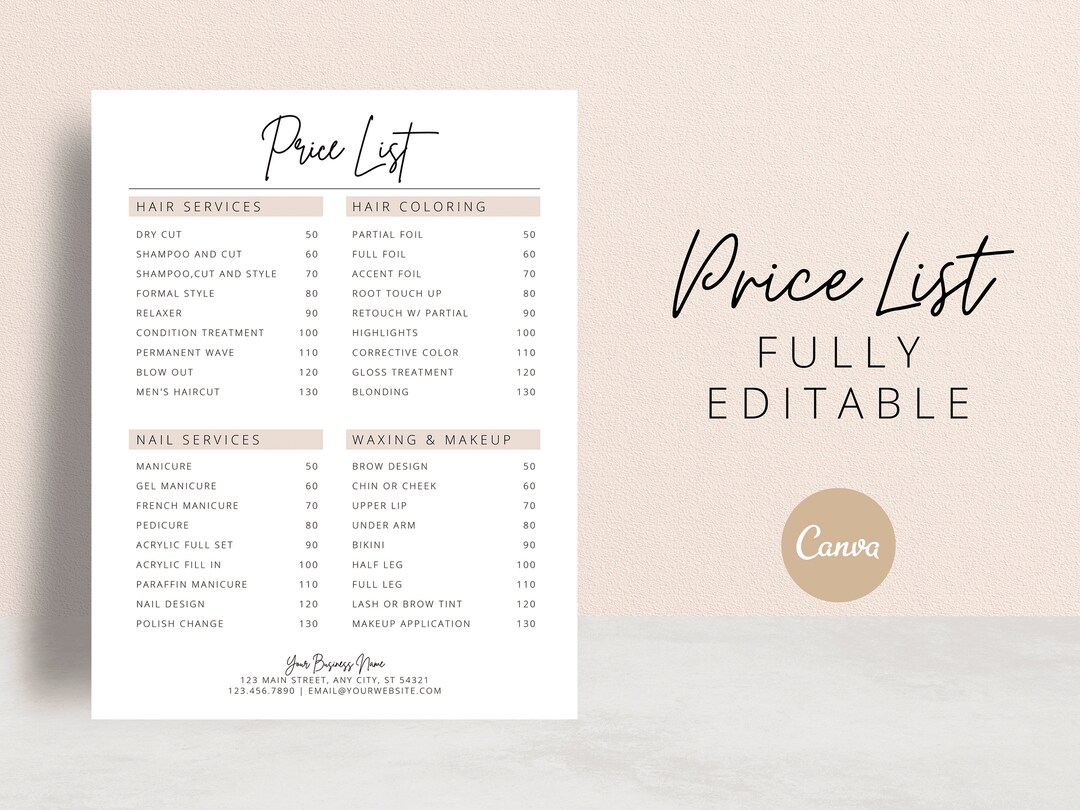 Editable Salon Price List Template Modern Business Price - Etsy