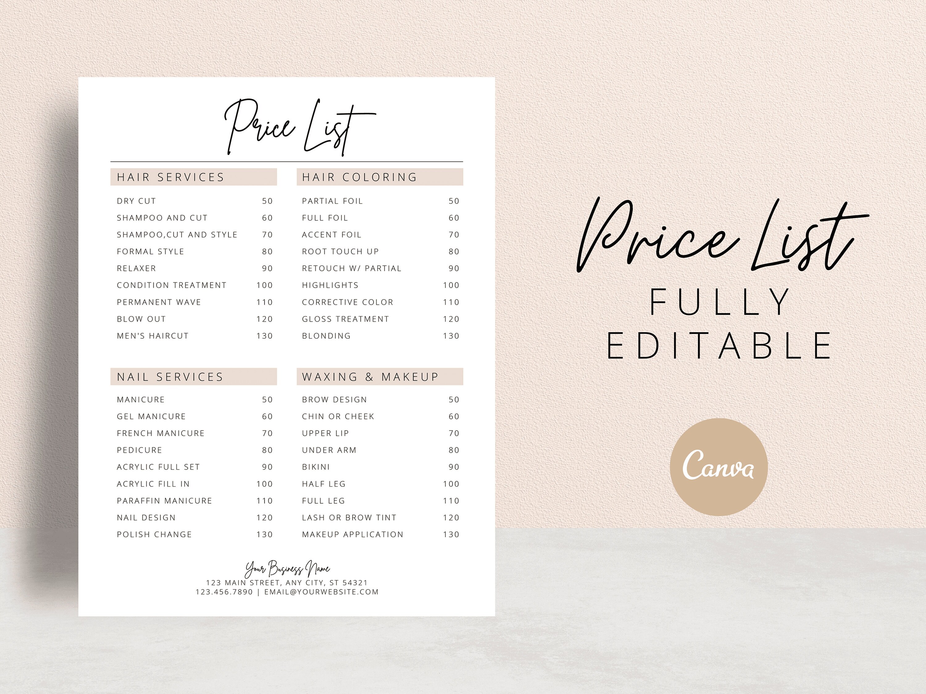 Beauty PRICE LIST Editable Template Printable Price Sheet For Hair 