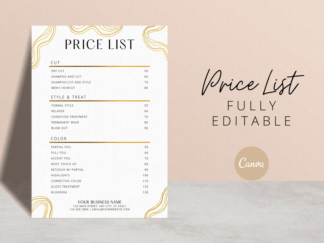 Editable Salon Price List Template Gold Business Price List - Etsy
