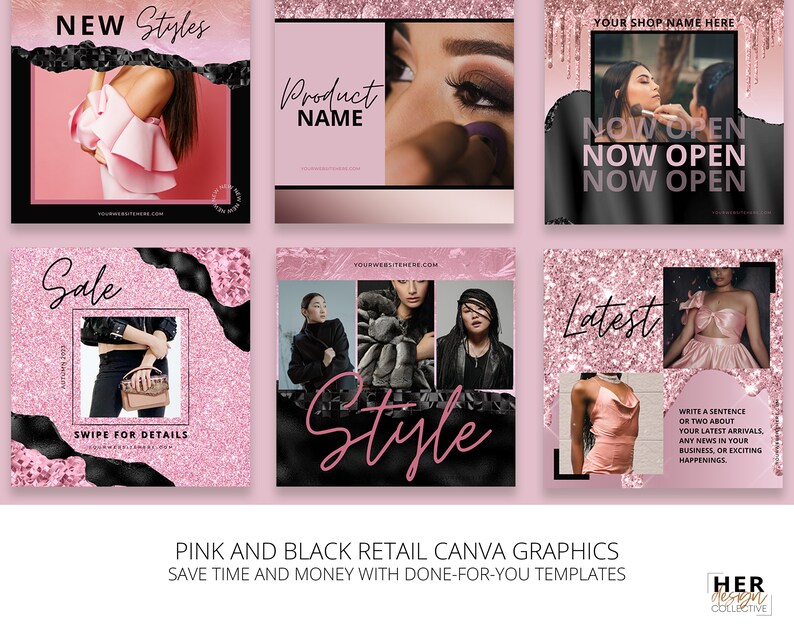 Pink Retail Instagram Templates, Pink Posts Glitter, IG Pink Black ...