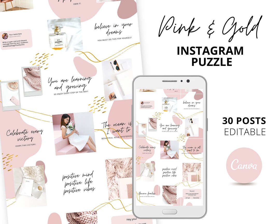 Instagram Puzzle Template Pink, IG Puzzle Canva Templates, Gold and ...