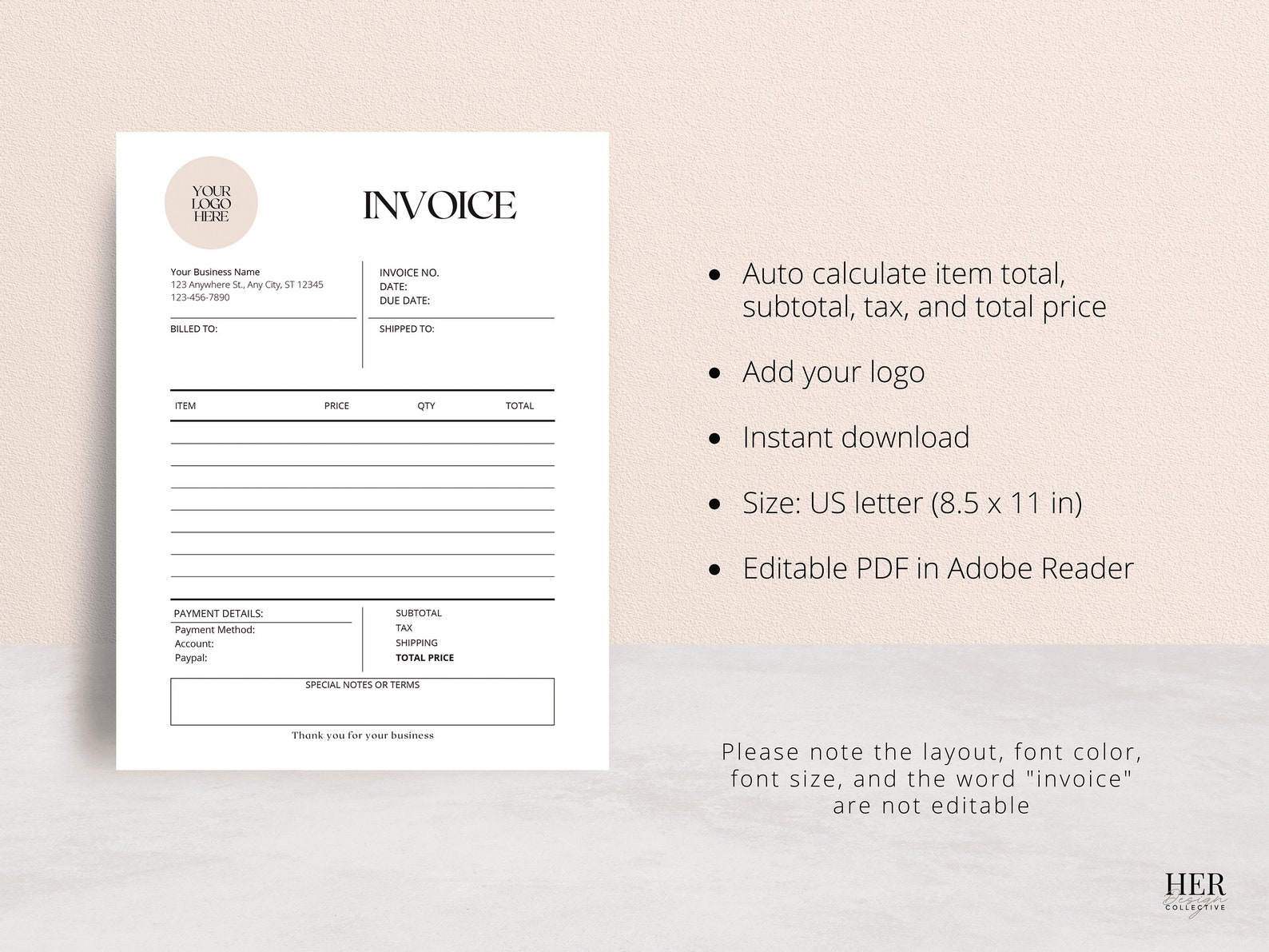 Editable Simple Invoice Template, Auto Calculating Modern Business ...