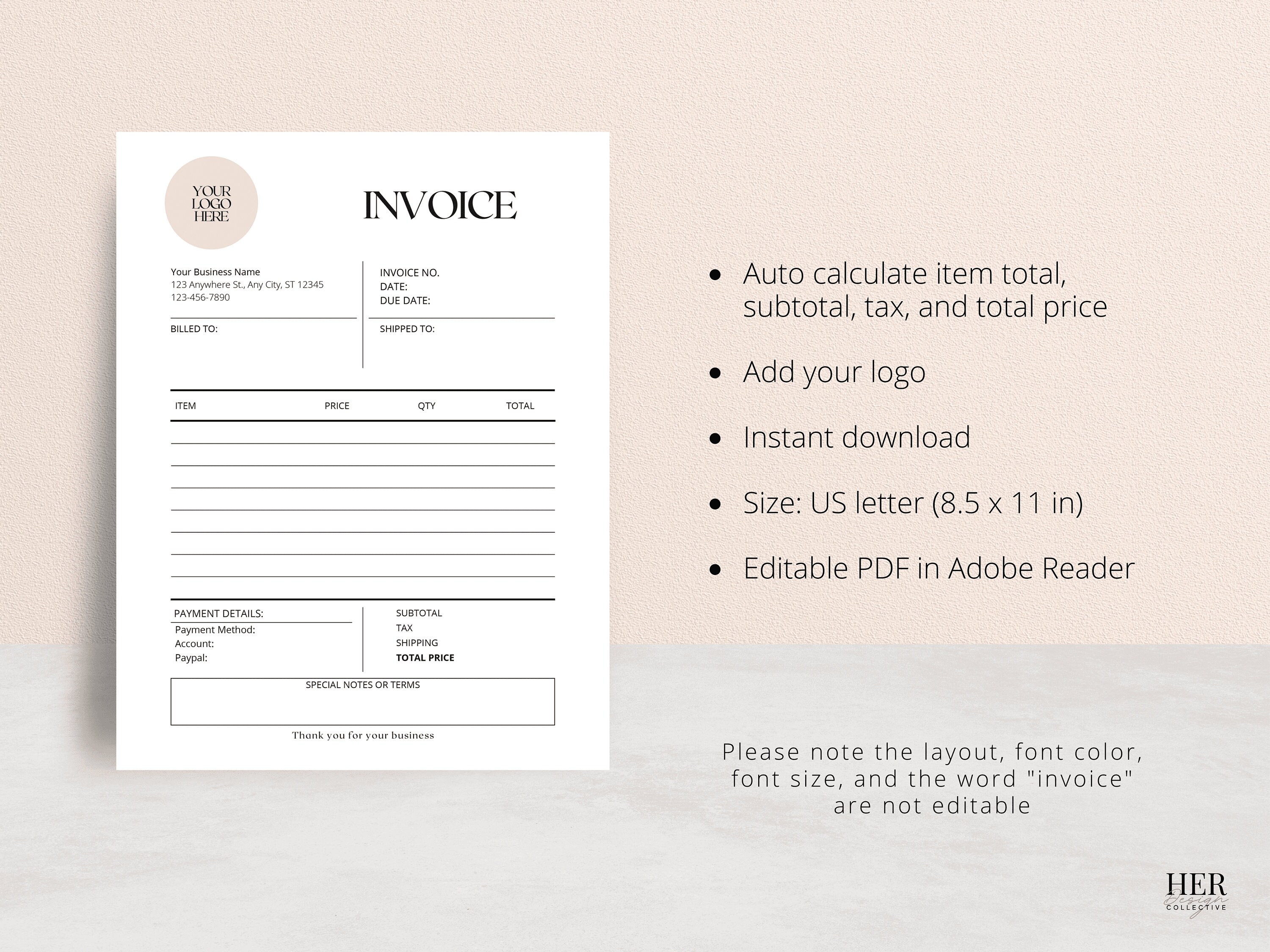 Editable Simple Invoice Template, Auto Calculating Modern Business ...