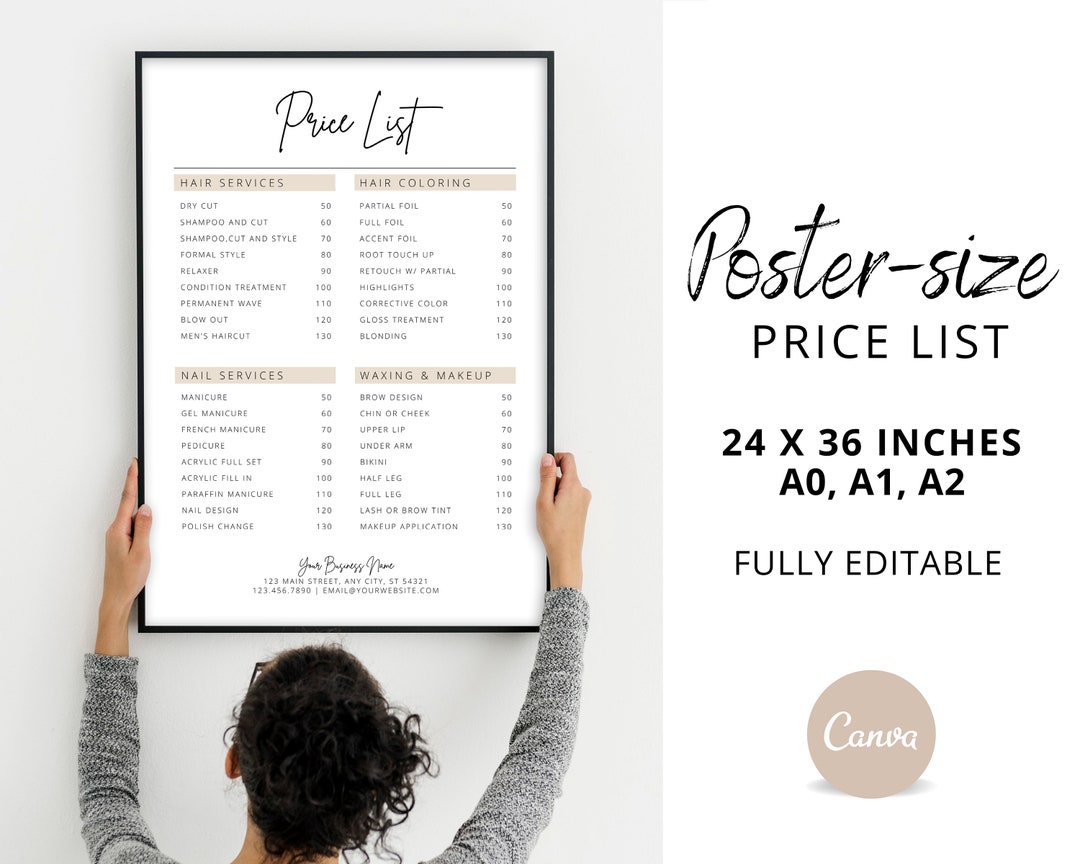 Salon Price List Poster Template Editable 24 X 36 Salon - Etsy