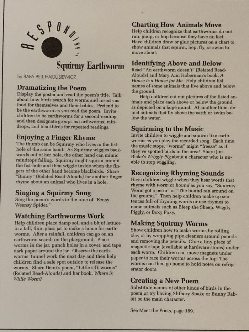 Science POSTER FINGERPLAY EARTHWORMS Copyrighted Sing to Eensy Weensy ...