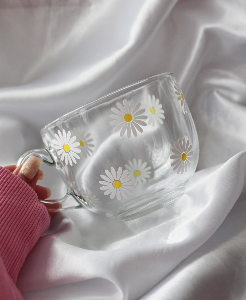 DAISY PRINT Glass Mug | Coffee Cup | Tea Mug | Cute Mug | Hot Drinks ...