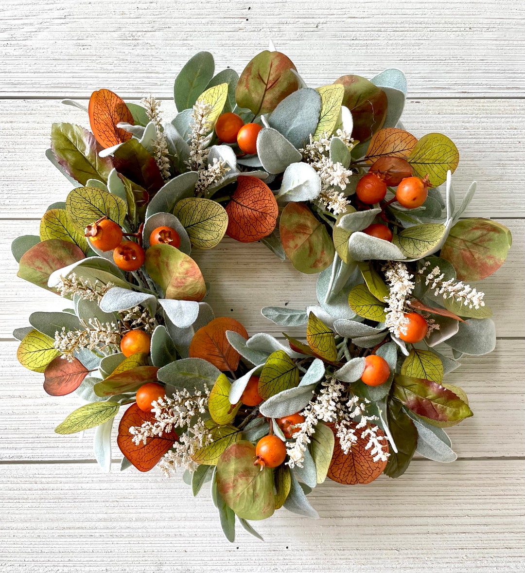 15 Fall Lambs Ear and Berry Wreath for Door, 15 Orange Berry and ...