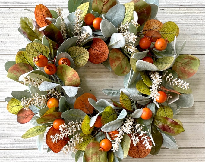 15" Fall Lambs Ear and Berry Wreath for Door, 15" Orange Berry and ...