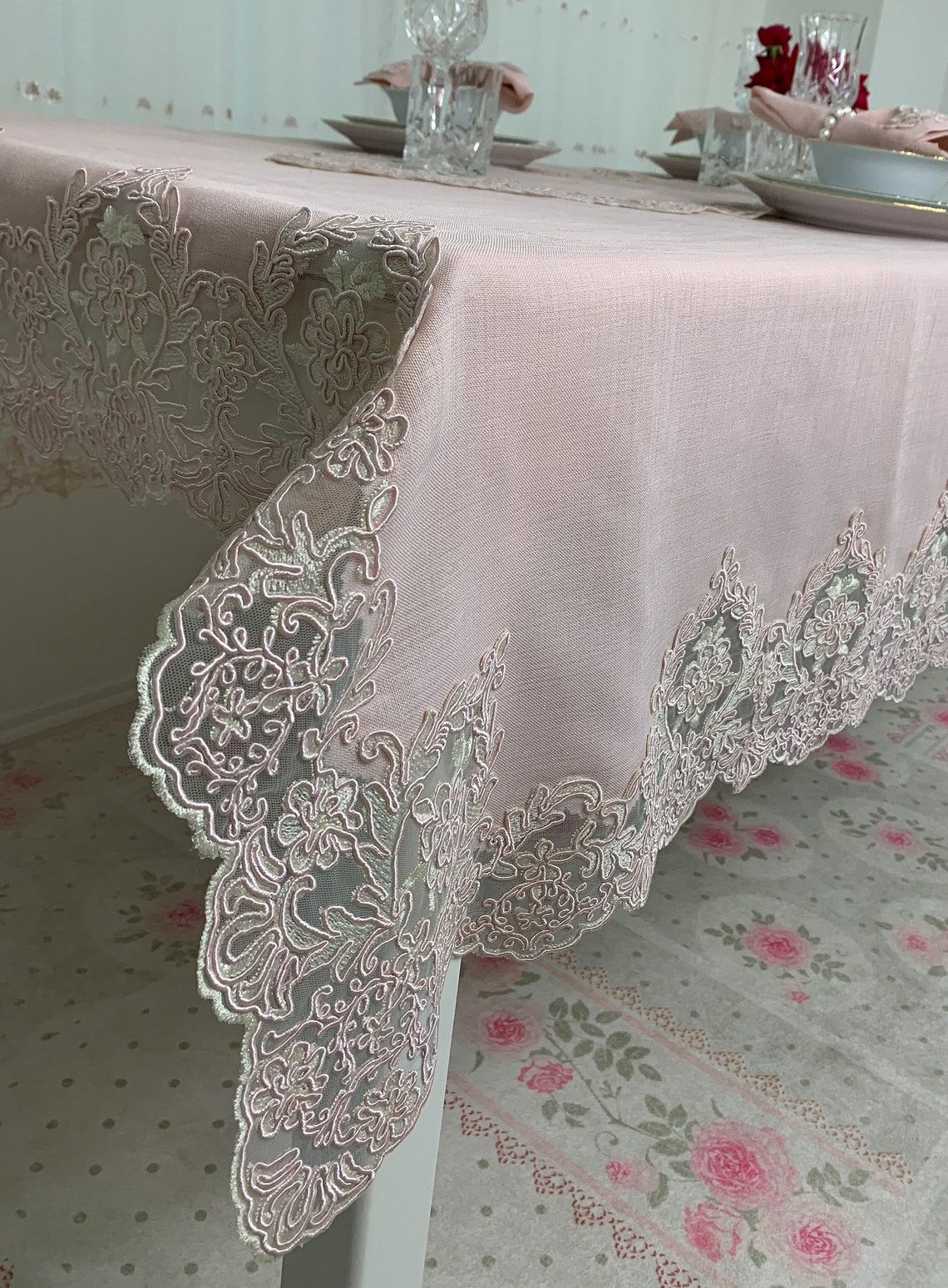 Luxury Madeira Style Cutwork Shiny Rectangle Tablecloth Set French ...