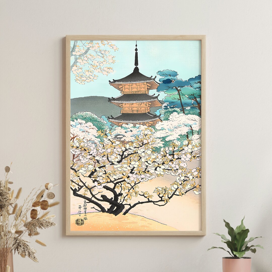 Cherry Blossoms Pagoda - Asada Benji Ukiyo-e Print, 1950s Japanese ...