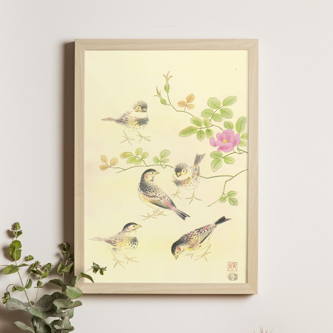 Rosy Finch and Wild Rose, Shizuo Ashikaga Print, Japanese Art, Ukiyo-e ...