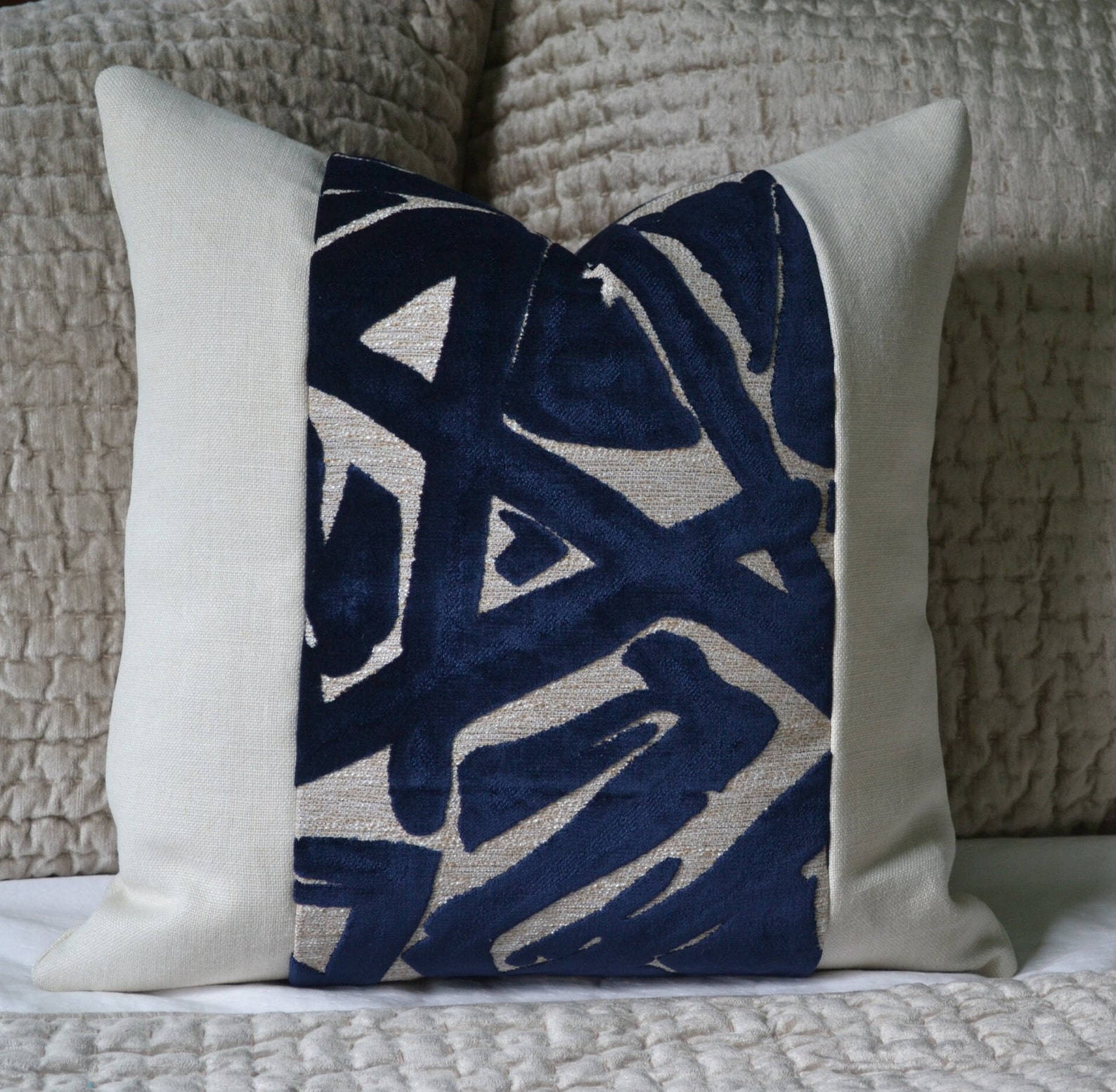 Blue/natural Geometric Cut Velvet/linen Pillow Cover - Etsy