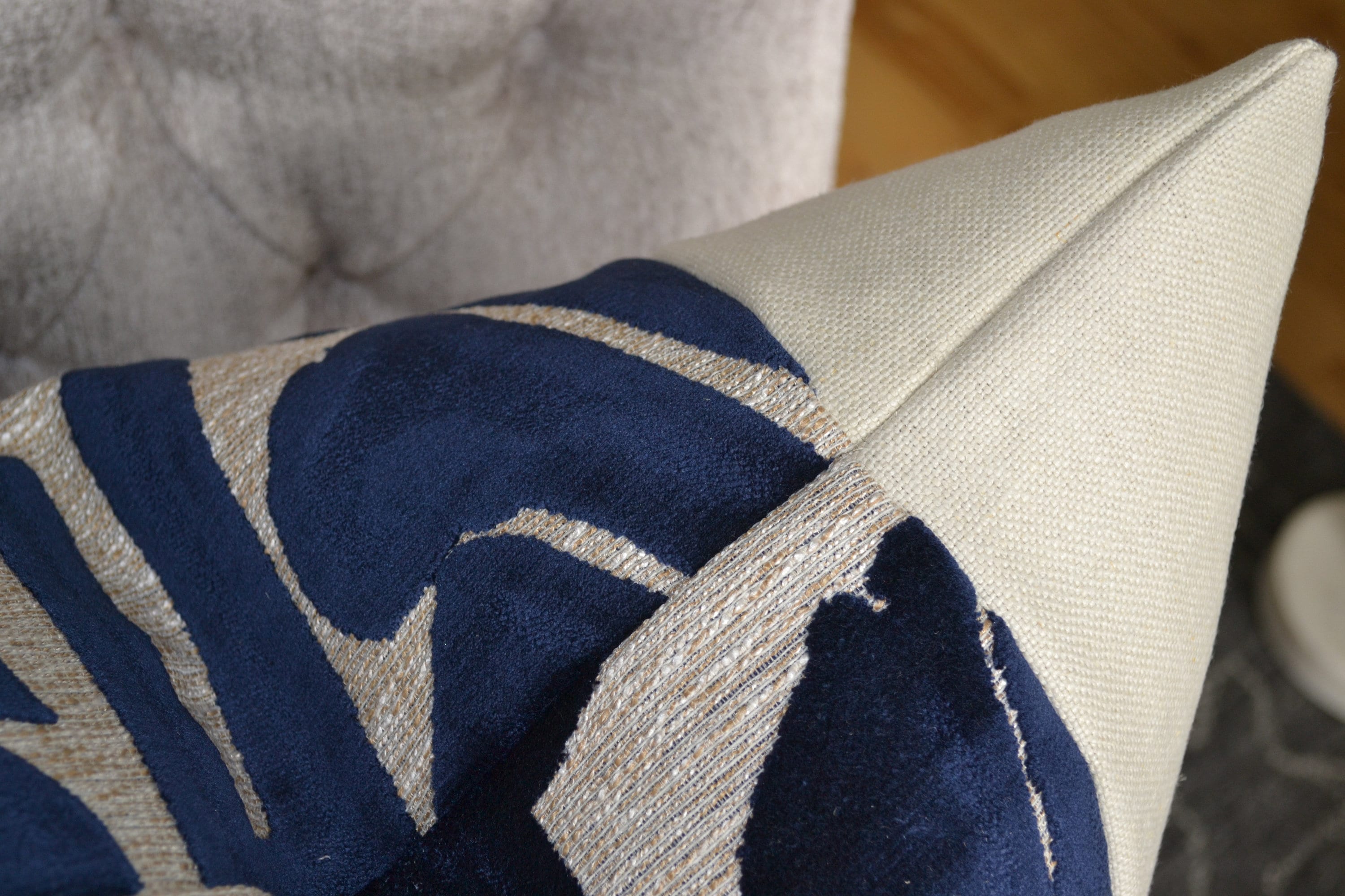 Blue/natural Geometric Cut Velvet/linen Pillow Cover - Etsy