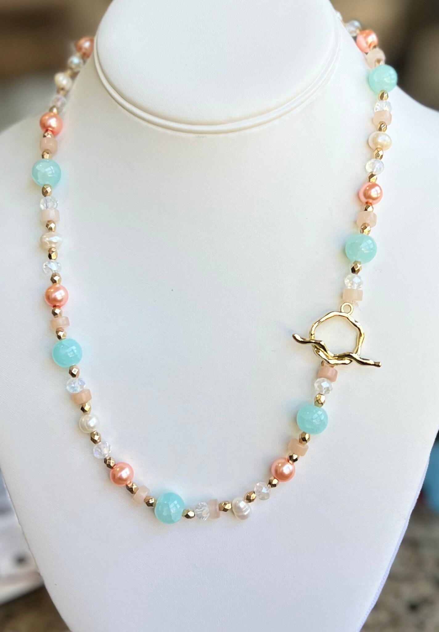 Authentic Pearl Necklace With Semi Precious Sunstones, Czech Glass ...