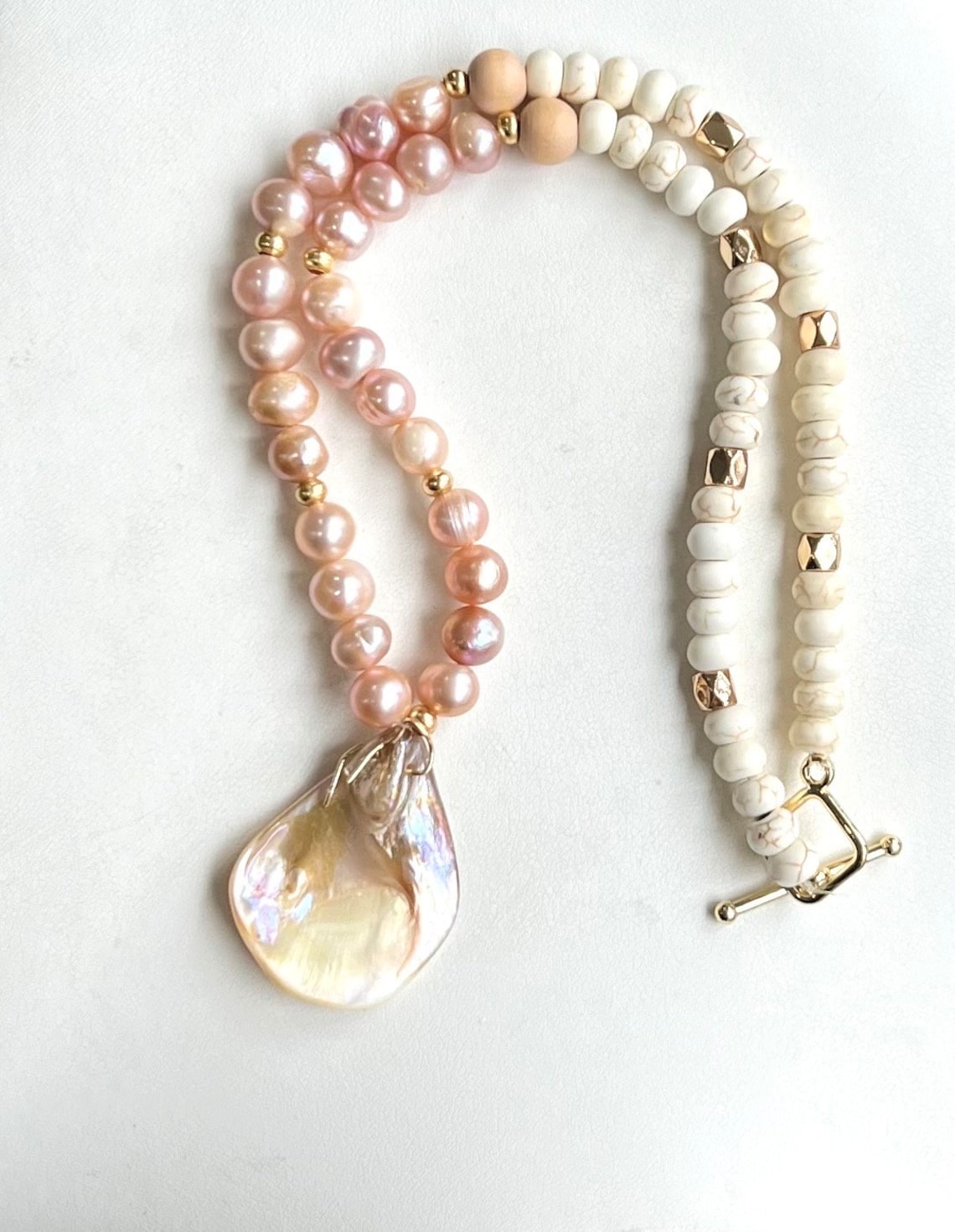 Freshwater Pearl Shell Necklace W Abalone Shell Pendant and 18k Gold ...