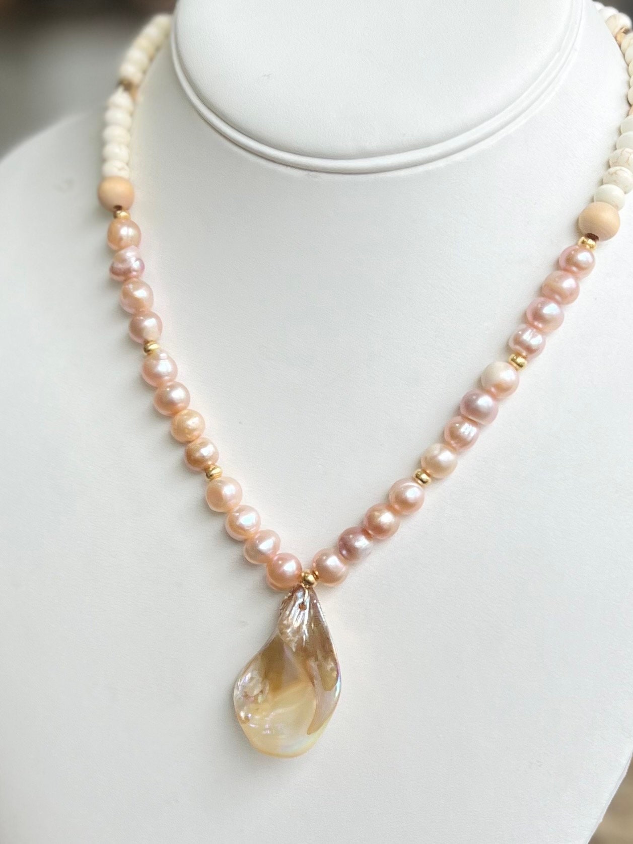 Freshwater Pearl Shell Necklace W Abalone Shell Pendant and 18k Gold ...