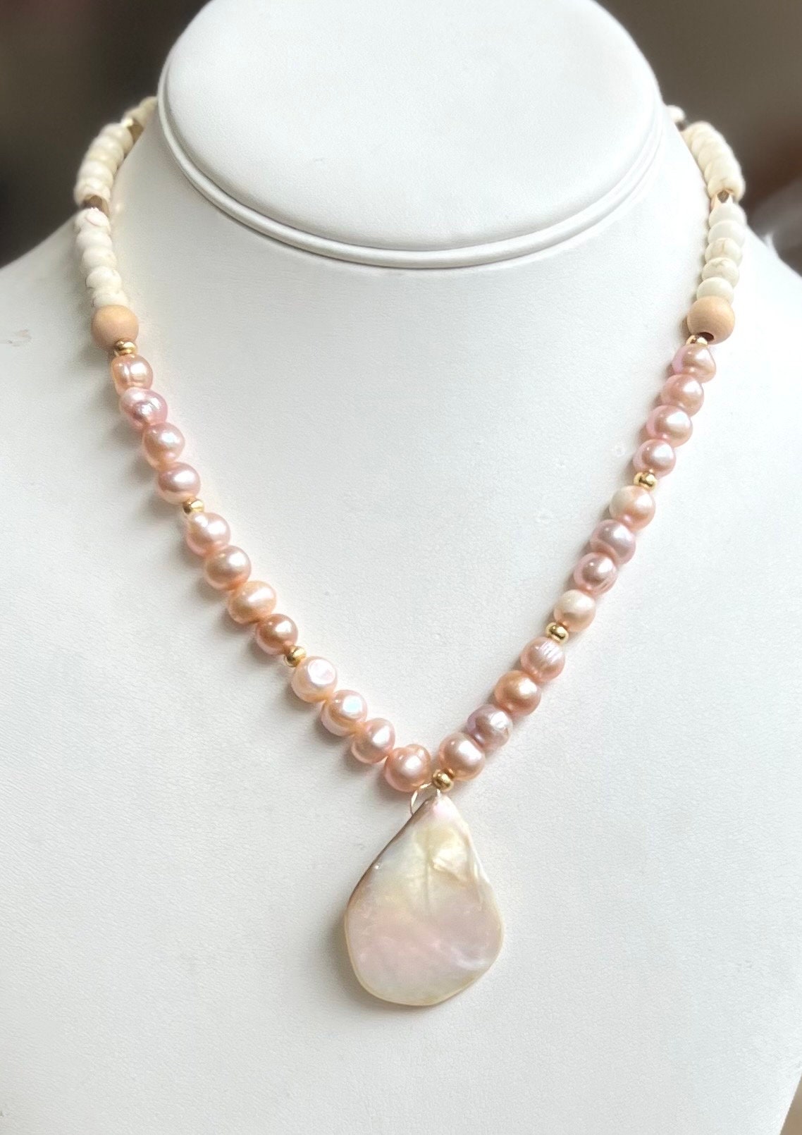 Freshwater Pearl Shell Necklace W Abalone Shell Pendant and 18k Gold ...