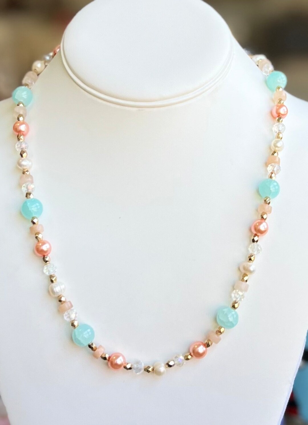 Authentic Pearl Necklace With Semi Precious Sunstones, Czech Glass ...
