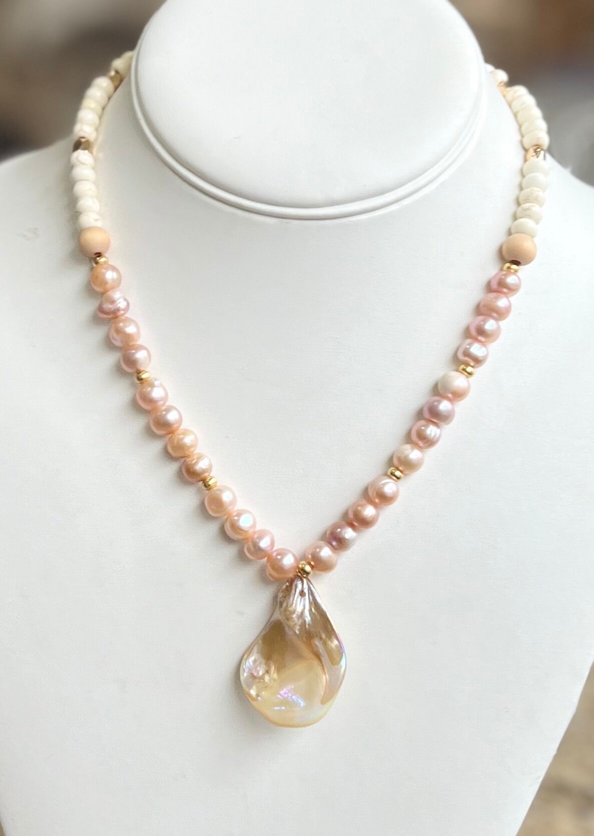 Freshwater Pearl Shell Necklace W Abalone Shell Pendant and 18k Gold ...