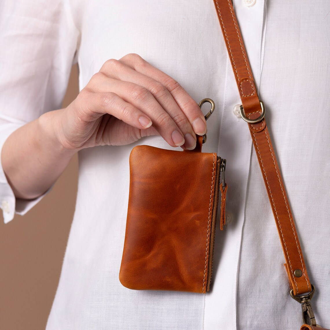 Leather Mini Pouch With Snap Hook: Personalized Small Zipper Holder - Etsy