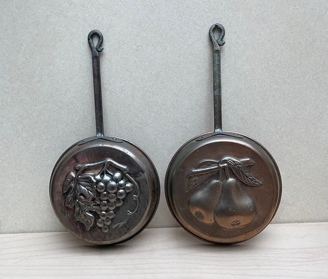 Set of 2 Copper Skillets Long Handled Pans, Grape Cluster Motif Copper ...